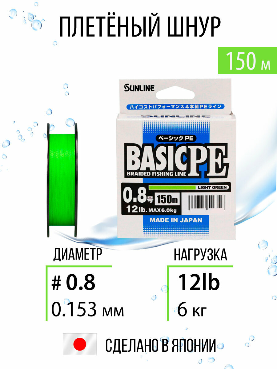 Шнур для рыбалки плетеный BASIC PE HG #0.8/12lb 150m Light Green, плетёнка рыболовная, леска для спиннинга.