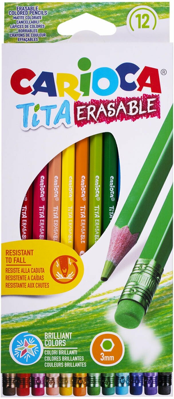Карандаши цветные стираемые с резинкой CARIOCA "Erasable", 12 цветов, шестигранные, грифель 3 мм, 42897 (цена только за 1 шт.)