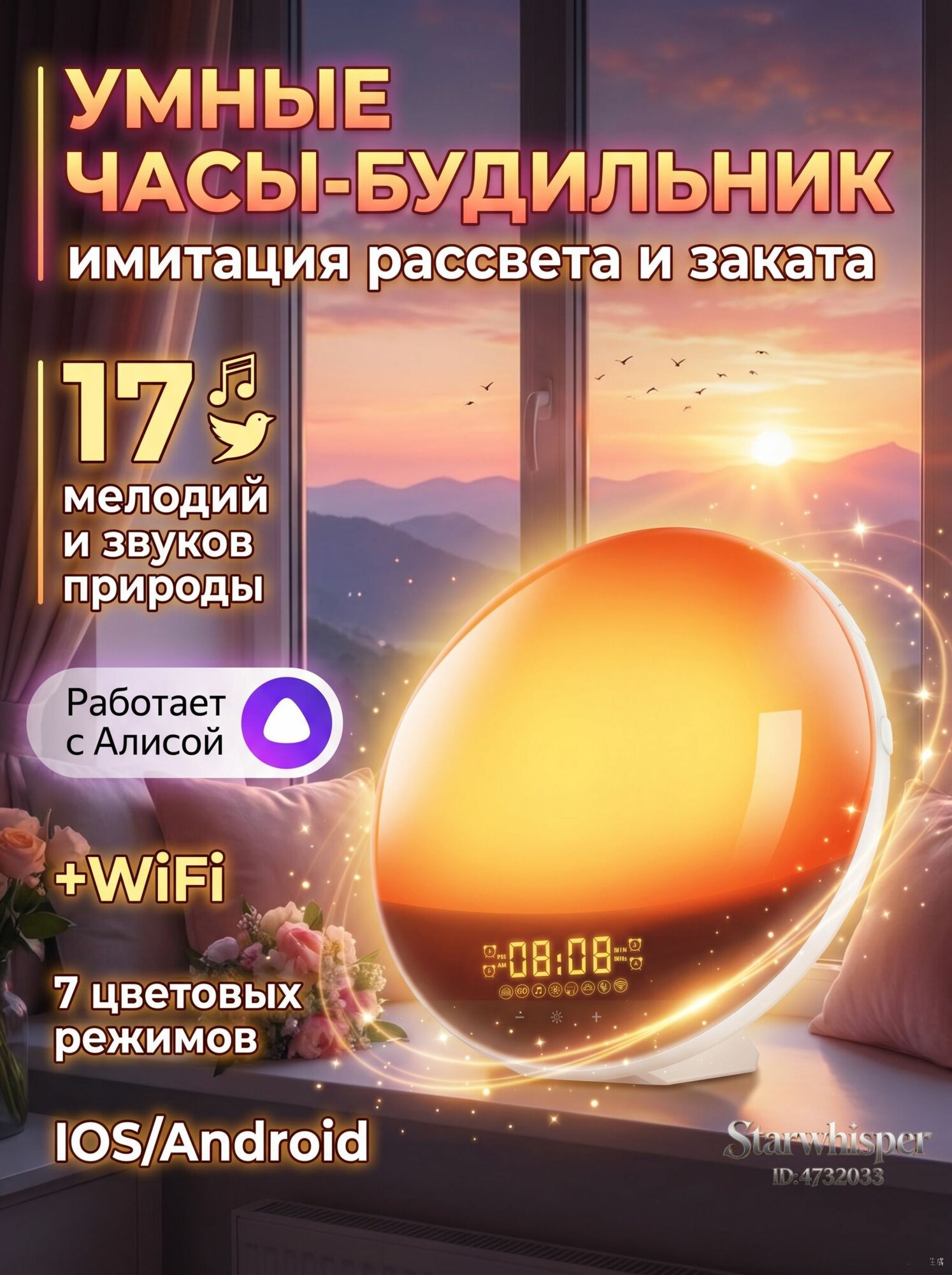 Световой будильник с имитацией рассвета и заката, умный будильник Wi-Fi, 20 мелодий, 17 уровней яркости, ночник, управление через приложение и Алису