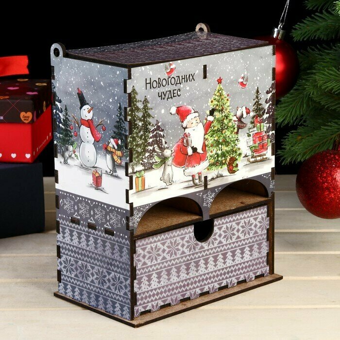Чайный домик "Дед Мороз и Снеговик" 20х15х8,5 см, дерево, подставка для хранения чая