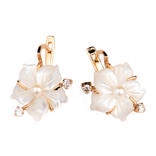 Серьги, красное золото, 585 проба, перламутр, фианит, жемчуг пресноводный культивированный