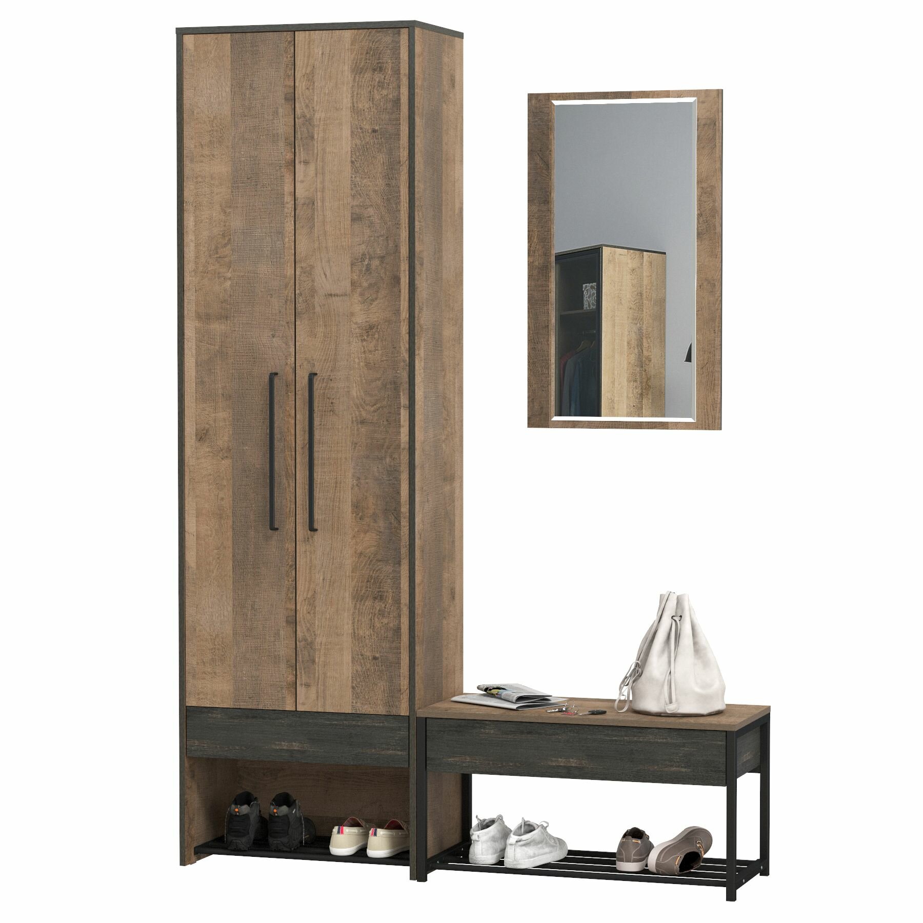 Прихожая с тумбой для обуви с сиденьем и зеркалом Трувор, цвет дуб гранж песочный/интра, ШхГхВ 143,2х37х210 см.