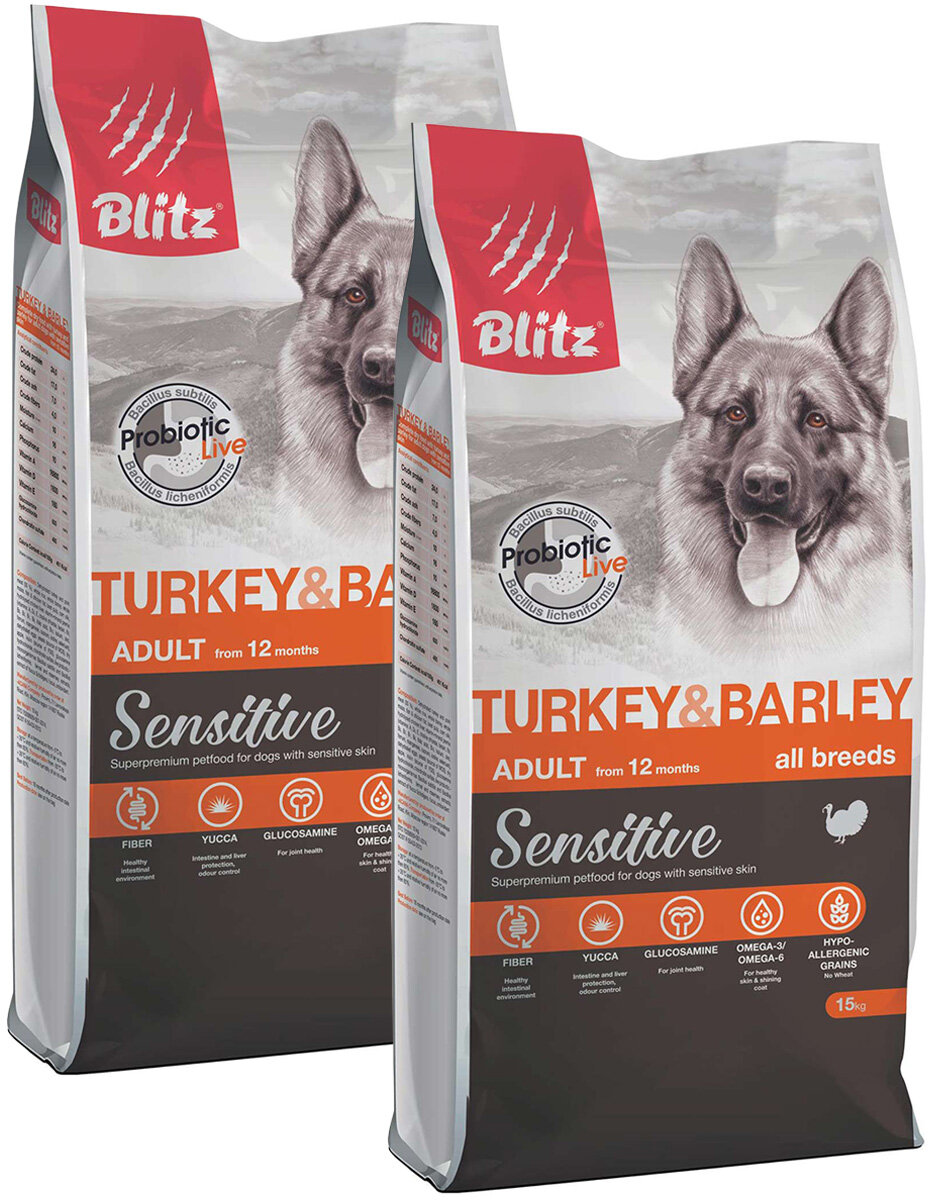 BLITZ SENSITIVE ADULT ALL BREEDS TURKEY&BARLEY д взр соб всех пор с чувствит пищ индейка ячмень 15 + 15 кг