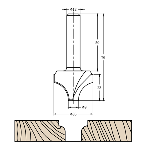 Фреза по древесине, фанере алмазная "Скругление" TD-113 R= D=35x23x76 S=12 Rotis 113512.01