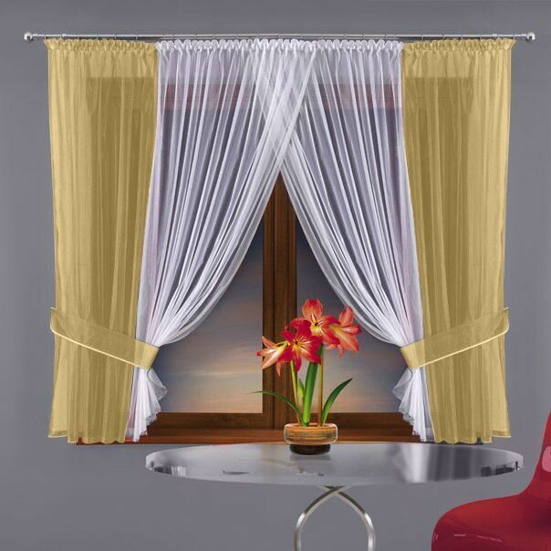 Шторы для кухни из тюля вуаль двухцветные арт. КУХ-2-Ц-22 цвет бежевый