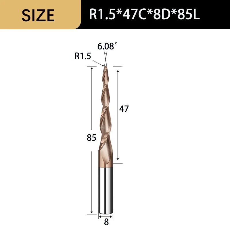 Vsharp Коническая сферическая фреза 6 мм 2-х канальная для 3D резки по дереву R1.5x47Cx8Dx85L