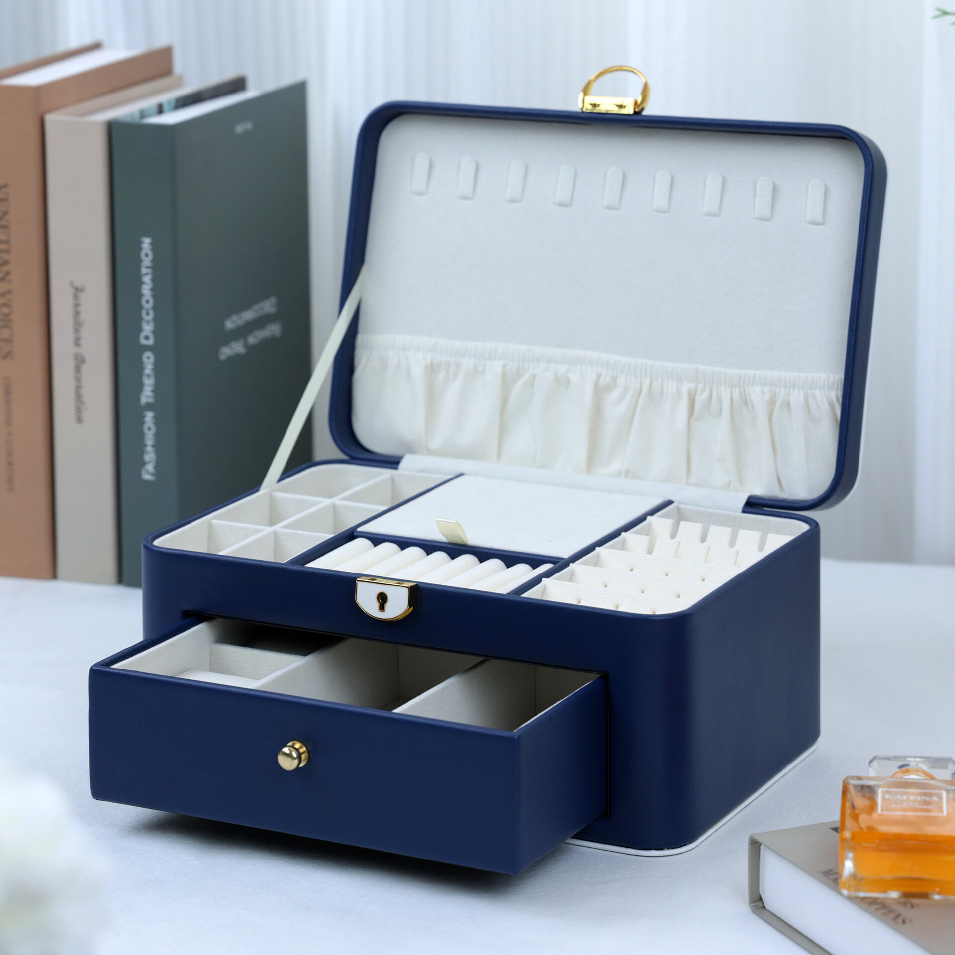 Шкатулка Tan Yun Zhiyuan, искусственная кожа, темно-синяя, двухслойная, выдвижной ящик