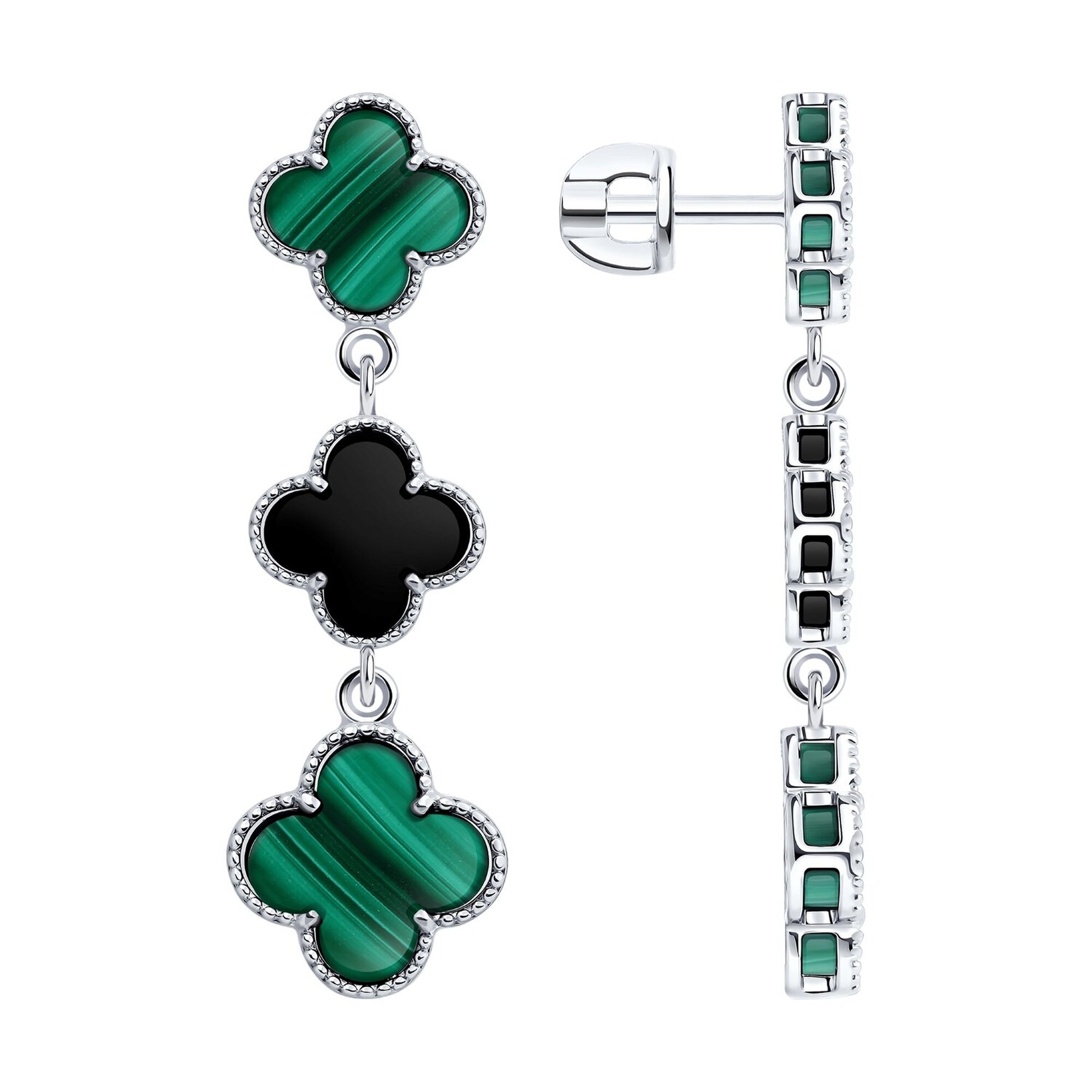 Серьги пусеты, серебро, 925 проба, родирование, оникс, малахит