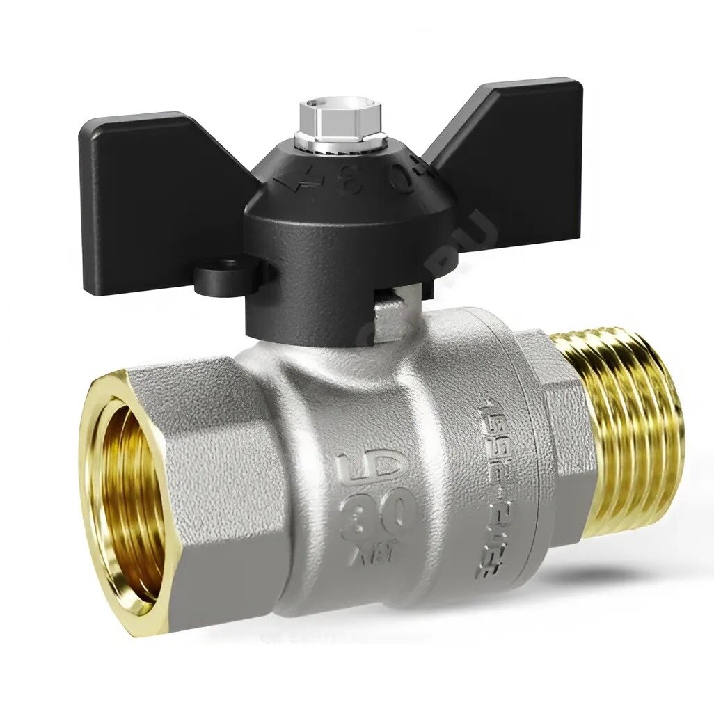 Кран шаровой латунь никель Pride Ду 25 Ру40 ВР/НР бабочка черная аналог 11б27п1 LD 47.25. В-Н. Б
