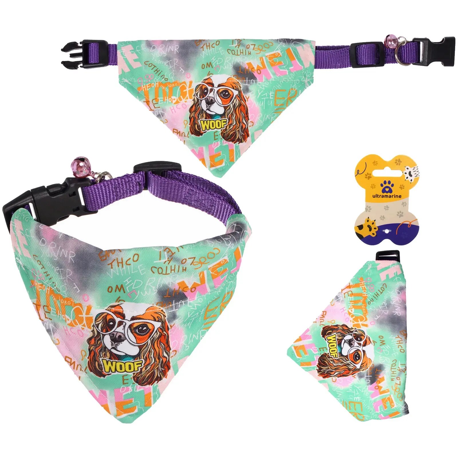 Ошейник с банданой и колокольчиком для собак, зеленый, рS/16*11см