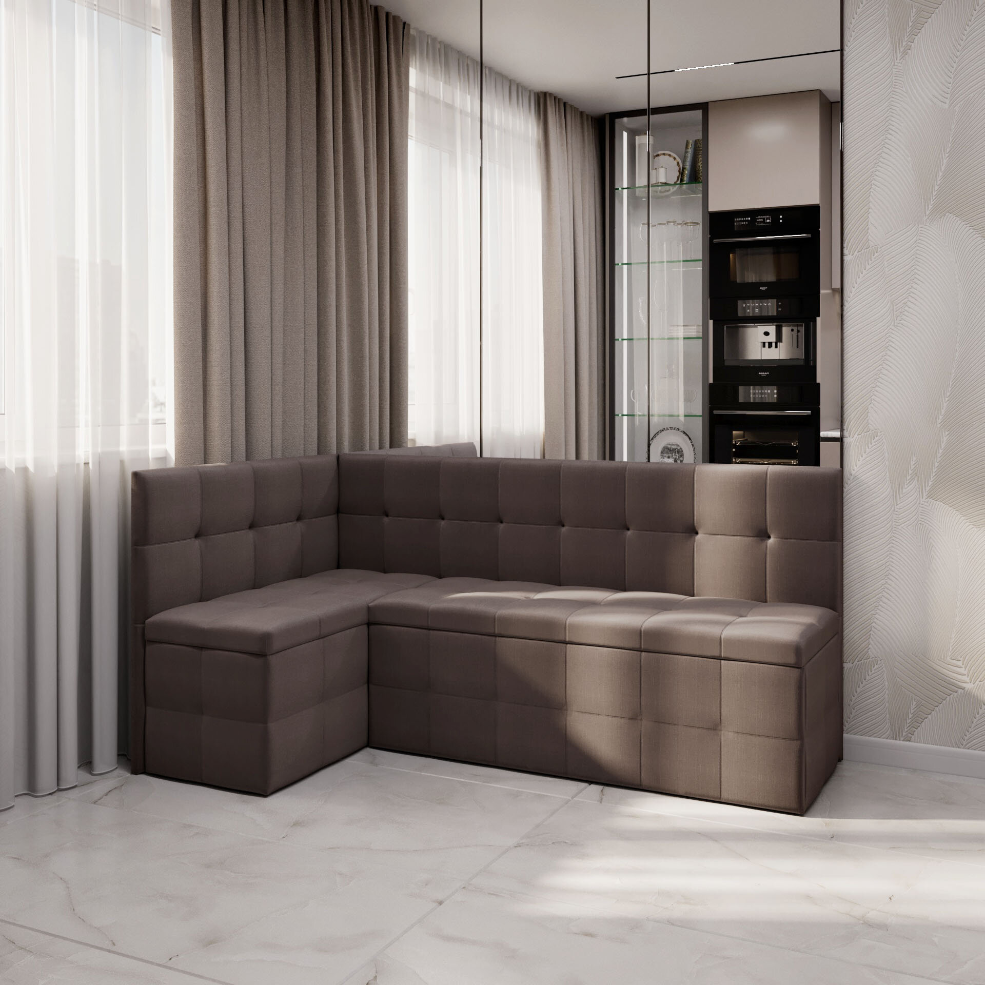 Диван кухонный угловой "Домино" D@E Factory со спальным местом, рогожка Саванна плюс тоффи, угол универсальный