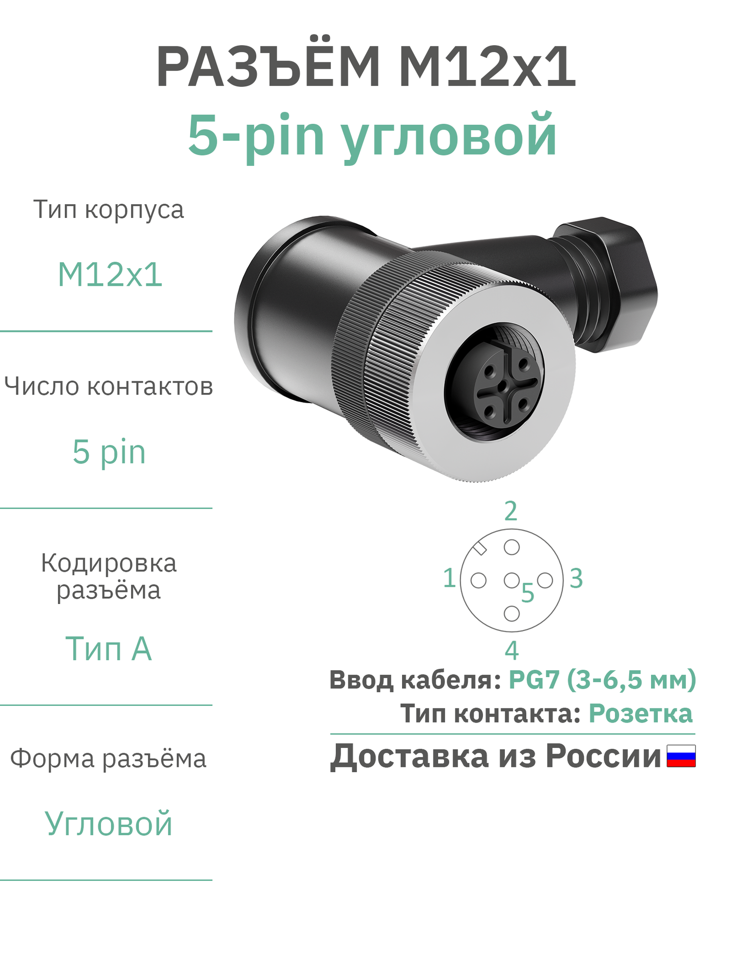 Разъём М12 5 pin угловой / розетка (мама) / PG7 (3-6,5 мм диаметр под кабель) / модель RAZM-F12-C5A