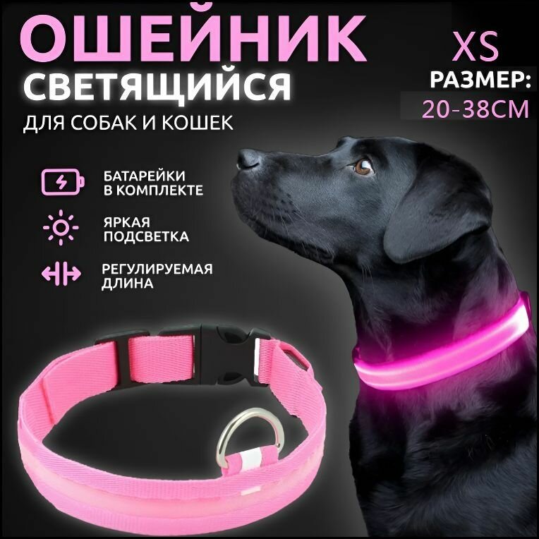 Ошейник светящийся для собак и кошек светодиодный нейлоновый розового цвета, размер XS-DKD-CJ0831