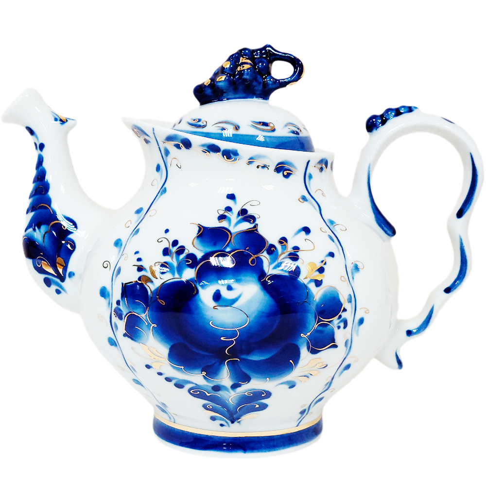 Фарфоровый заварочный чайник ручной работы "Голубая рапсодия", гжель с золотом