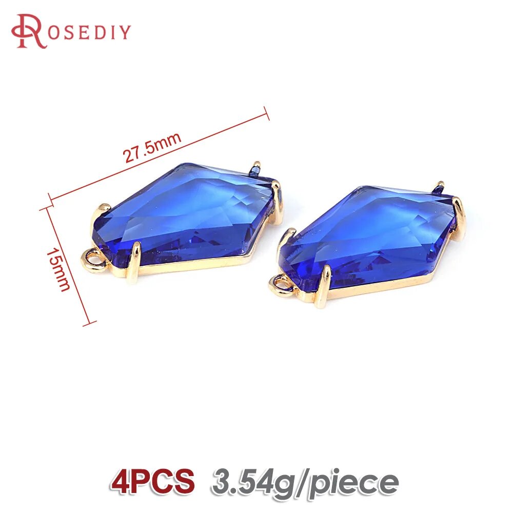 Rosediy Многоугольные подвески из латуни и стекла, золотистого цвета, набор из 4 Синий, 46348-Blue