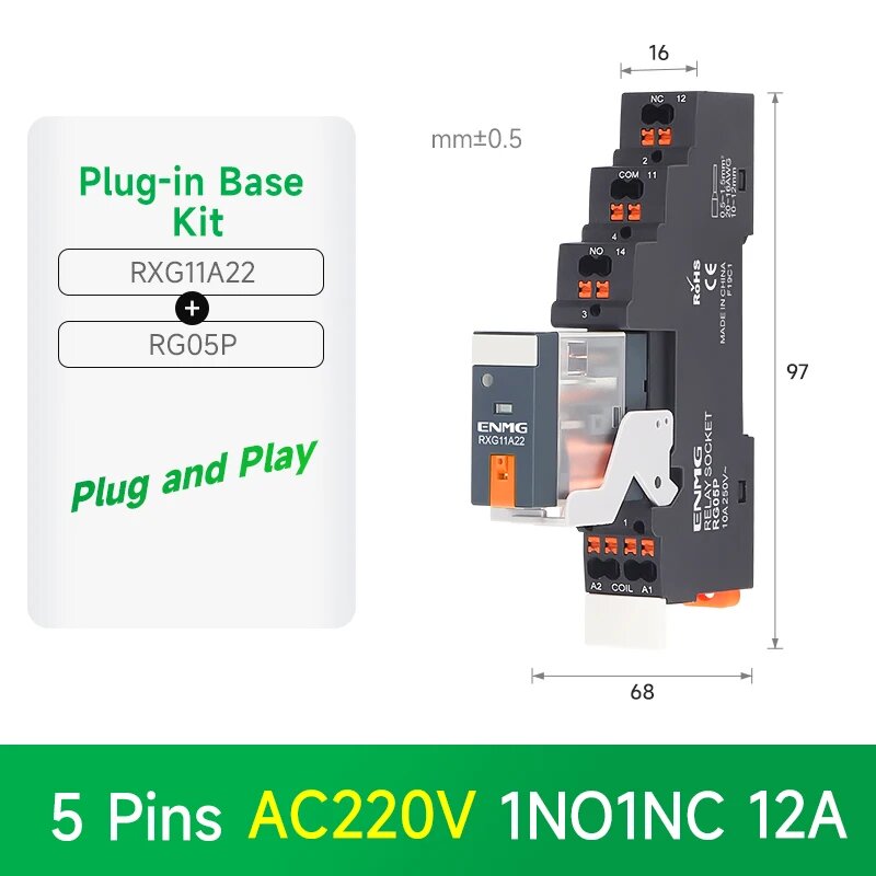 Электромагнитное реле ENMG RXG 12А 24В/220В RXG11A22-RG05P