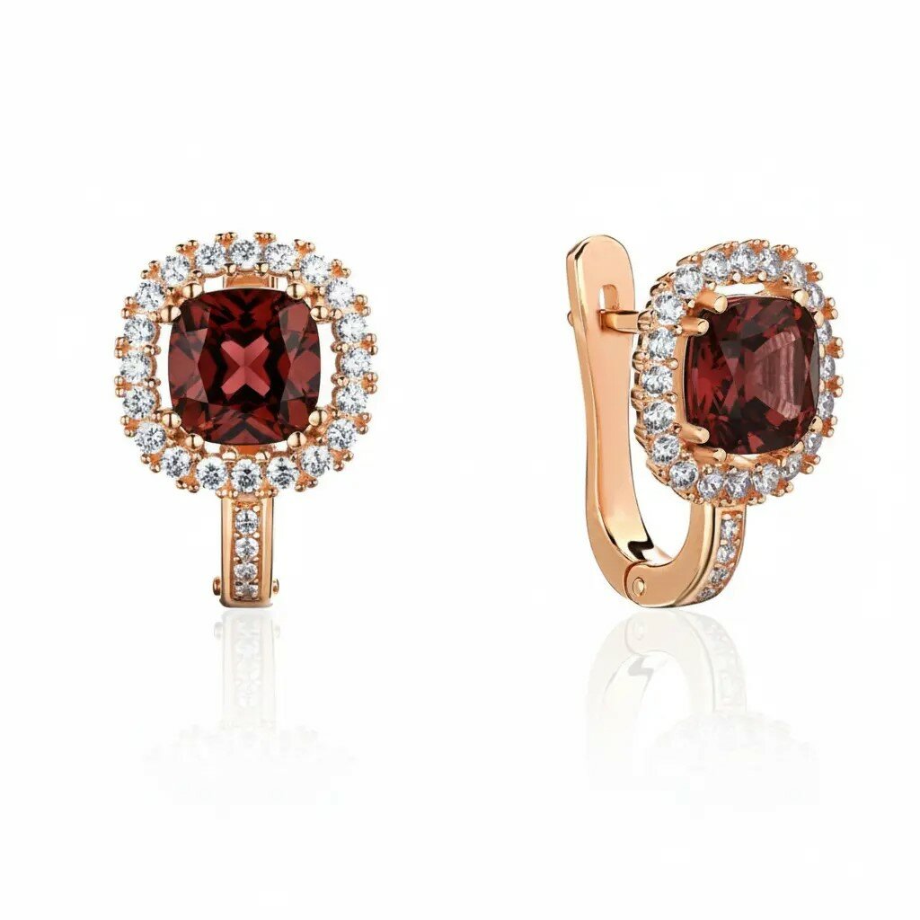 Серьги, красное золото, 585 проба, фианит, гранат