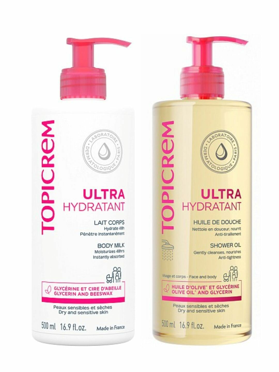 Топикрем набор Ультра-увлажняющее молочко, 500 мл + Ультра-увлажняющее масло для душа, 500 мл / TOPICREM Set