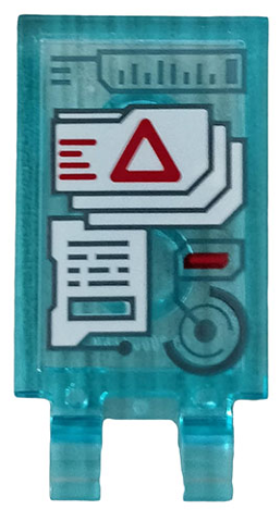 Tile, Modified 2 x 3 with 2 Clips with White Folders on Monitor and Red Triangle Pattern (Sticker) - Set 76113, 30350bpb081 Trans-Light Blue N