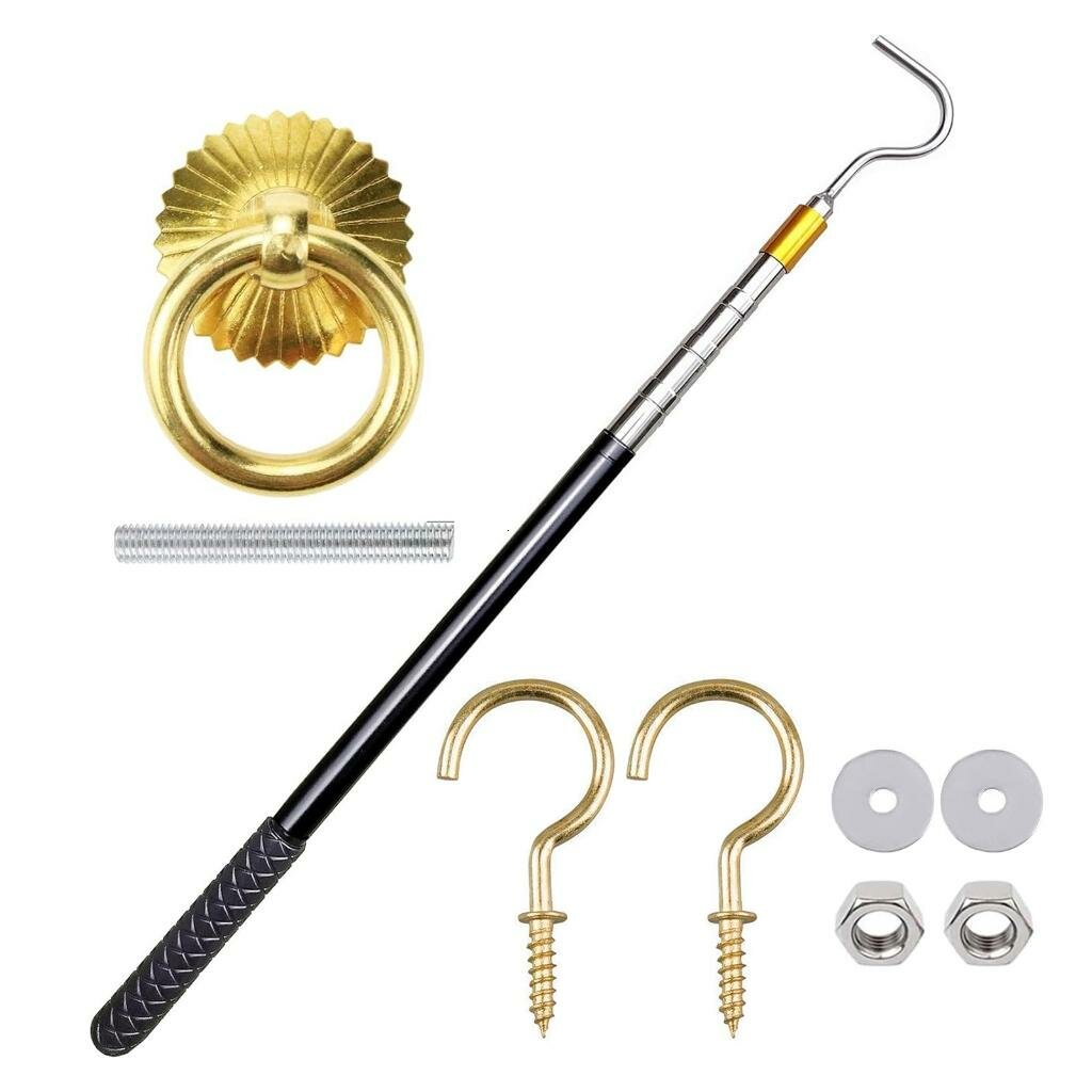 Инновационный комплект крюков для чердачного люка с телескопической штангой и кольцами