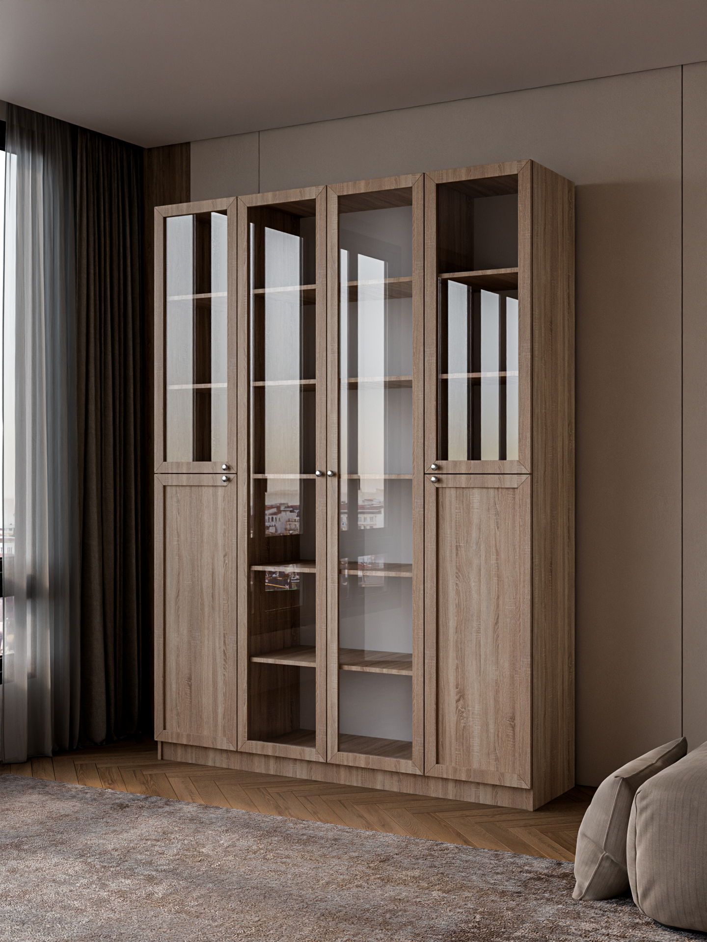 Шкаф книжный Анталия | Корпус ЛДСП Дуб сонома| Фасад рамка Дуб сонома | Ручка кнопка серебро