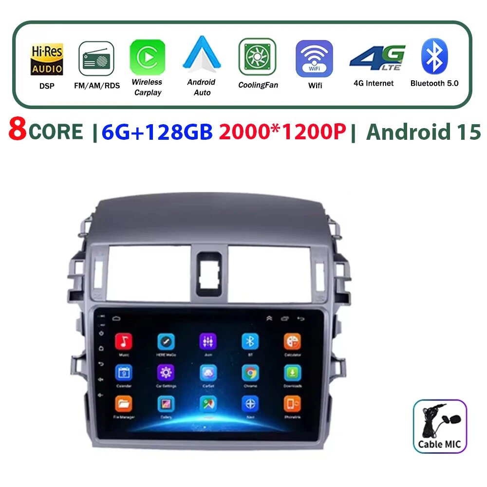 Автомагнитола Android 16 для Toyota Corolla 10 E140 E150 2006-2013, мультимедийный видеоплеер, беспроводной адаптер Carplay, головное устройство 6G-128G MIC Carplay