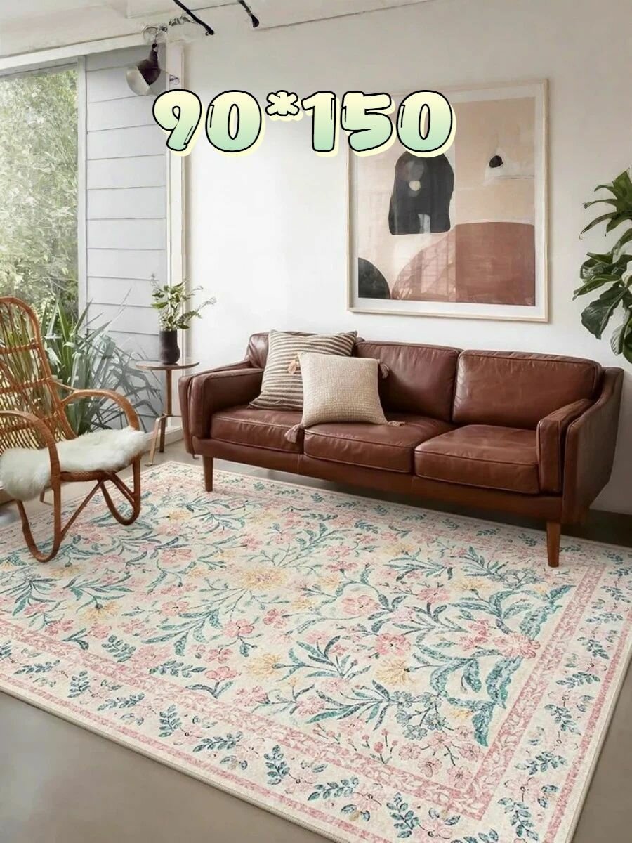 Ковер ПерсидскийМоющиеся коврики, Мягкий коврик для спальни с цветочным рисунком, нескользящий, Бежевый ковер в стиле Бохо с цветочным рисунком. 150x90 см