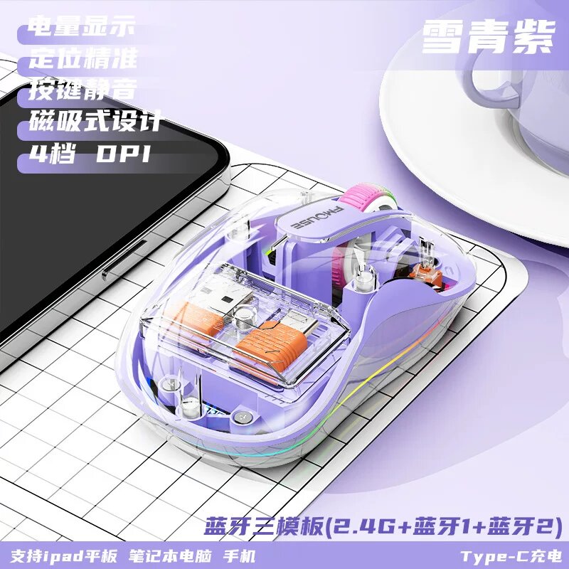 Беспроводная мышь с зарядкой Type-C, бесшумная, Bluetooth, для дома и офиса, портативная, для компьютера, прозрачная, с