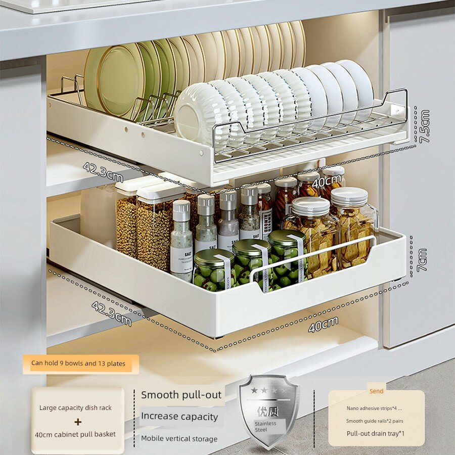 Выдвижная корзина-органайзер из нержавеющей стали для хранения посуды, тарелок и мисок, со встроенной системой слива,