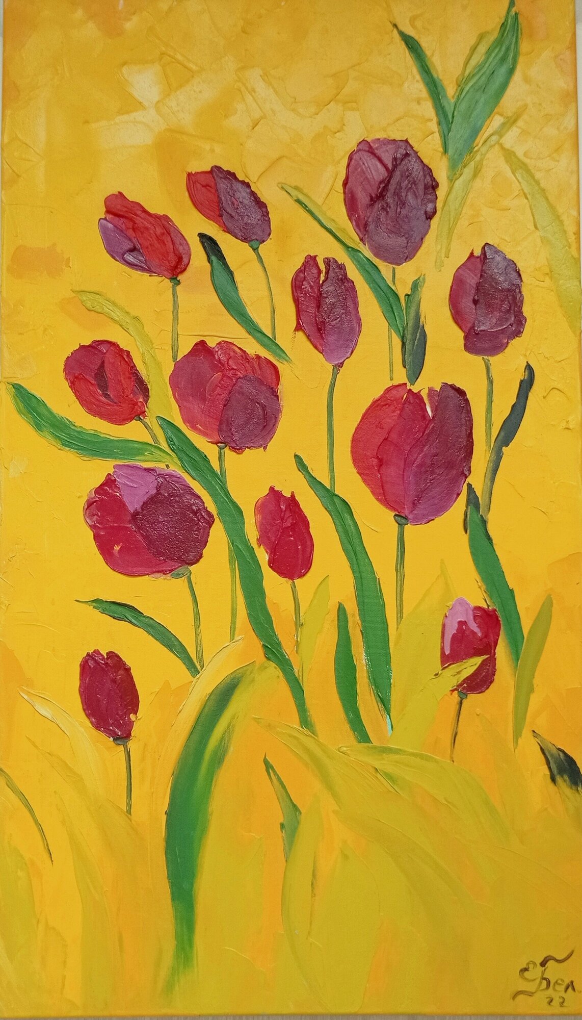 Картина маслом Аромат бордовые тюльпанов в жаркий день, 70Х40 см