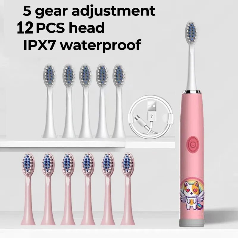 Детская электрическая зубная щетка Pink2, 12 насадок, IPX7