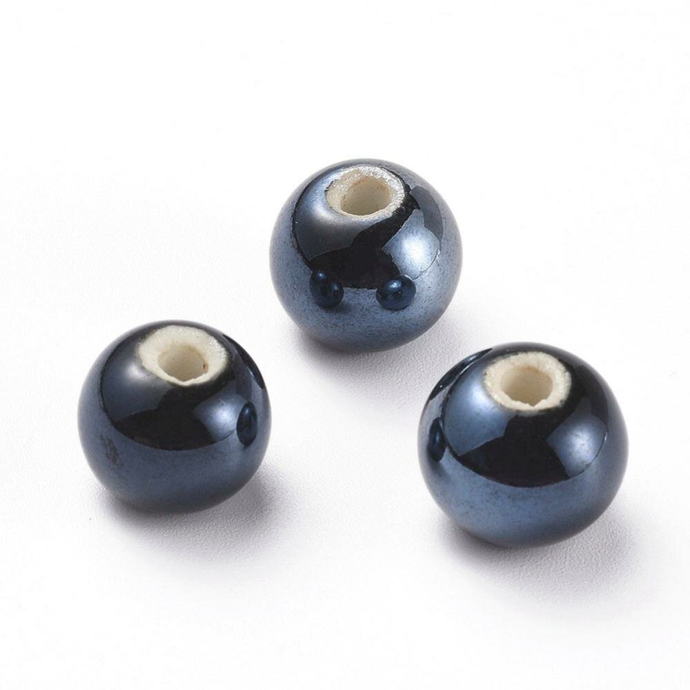 Бусина фарфоровая, 14х13мм, круглая, сине-черная, с перламутровым отливом, 1 шт.