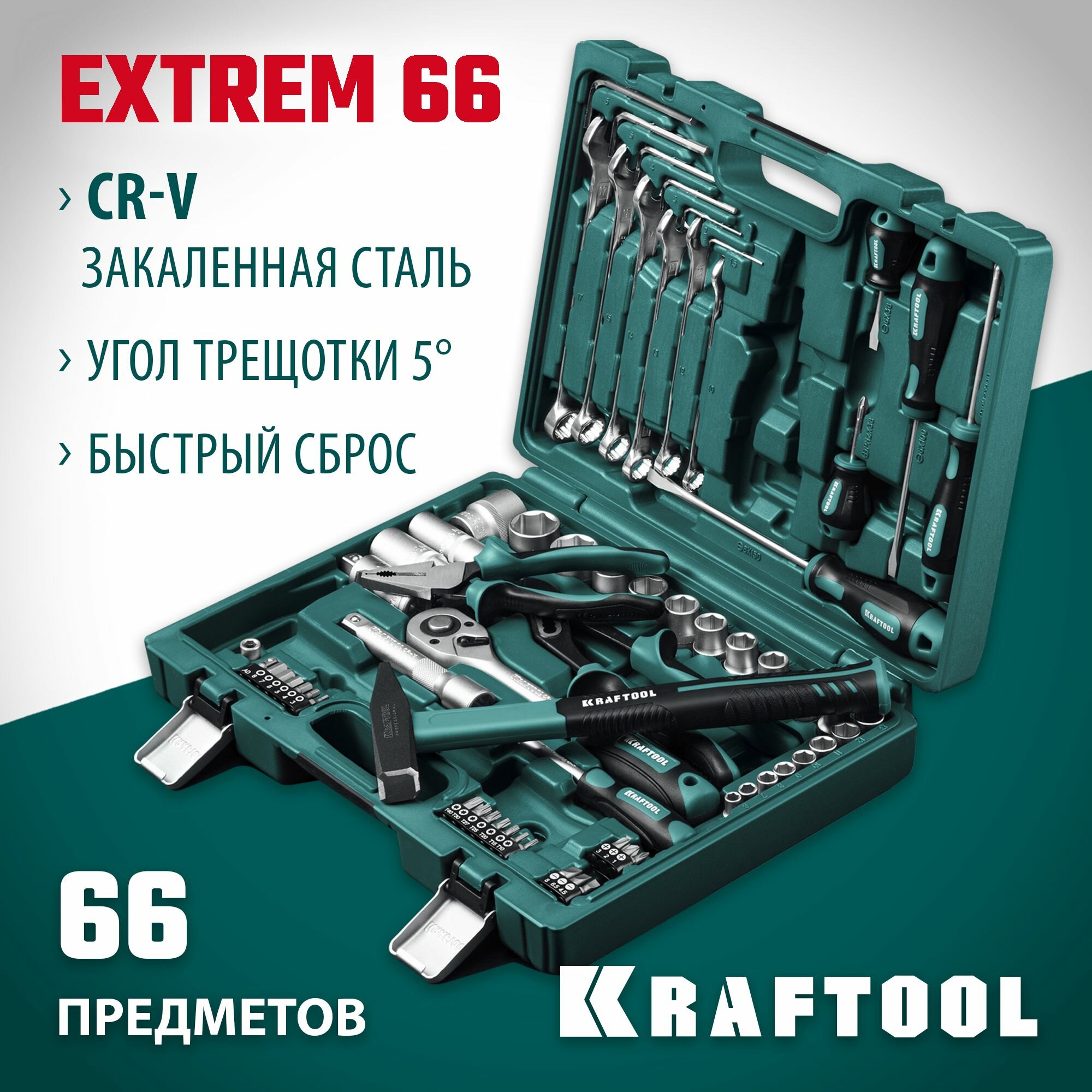 KRAFTOOL EXTREM-66, 66 предм, (1/2"+1/4"), универсальный набор инструмента (27976-H66)