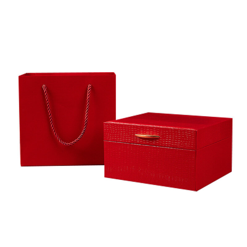Красная праздничная коробка для ювелирных изделий с тремя золотыми отделениями, коробка для свадебного браслета, коробка для свадебного кольца и ожерелья, золотая коробка для хранения ювелирных изделий