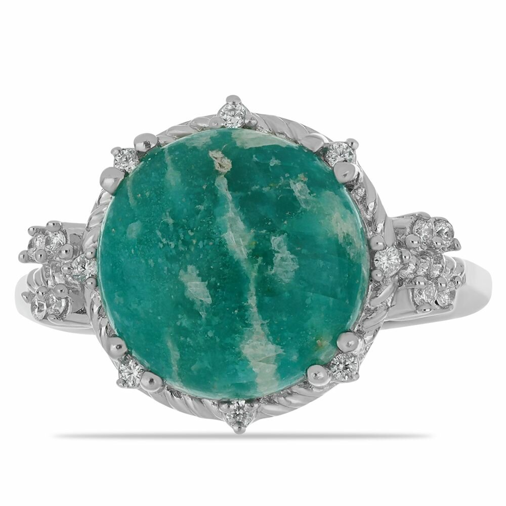 Кольцо, серебро, 925 проба, родирование, амазонит, фианит