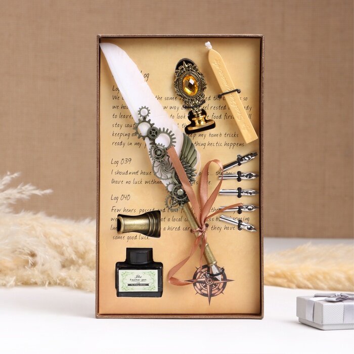 Набор подарочный 5 в 1 «Стимпанк»: перьевая ручка белая, чернила, наконечники, печать, воск