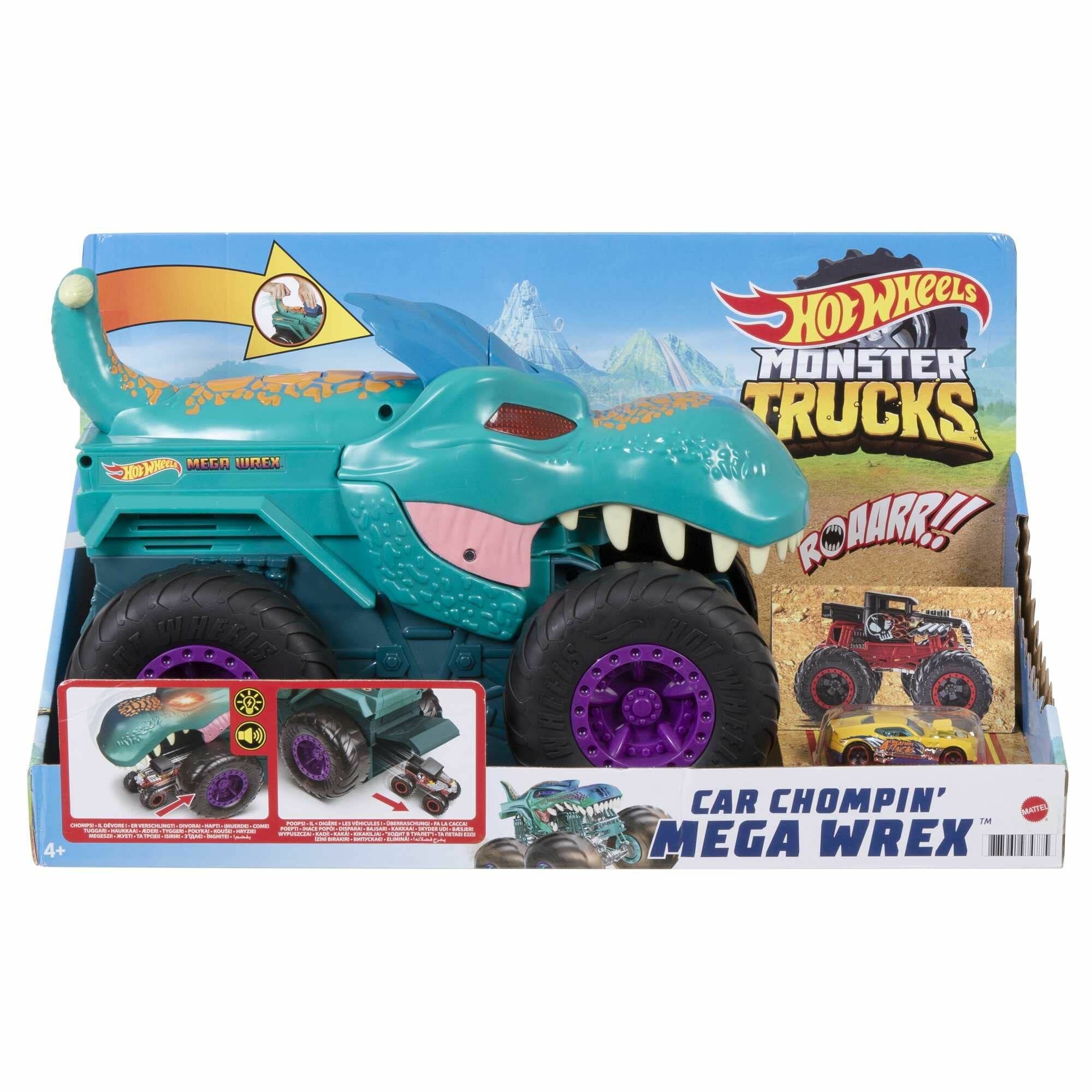 Mattel Hot Wheels Monster Trucks Car /Чавкающий Мега-Рекс, Большой Игрушечный Монстр-трак И Игрушечная Машинка, Свет И Звуки / Car Chompin Mega Wrex-Jhugi