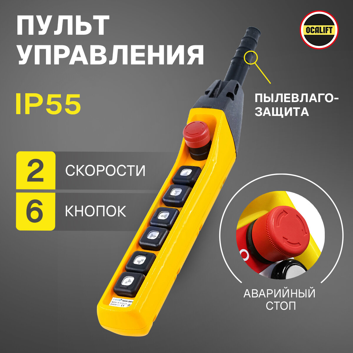 Пульт управления для промышленных тельферов 6 кнопками 2 скорости, стоп, ключ, IP55 (без кабеля)