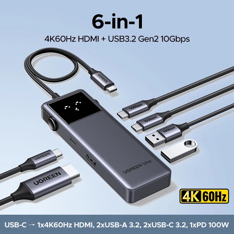 UGREEN USB-C концентратор 6-в-1 HDMI 6-in-1 HDMI 10Gbps