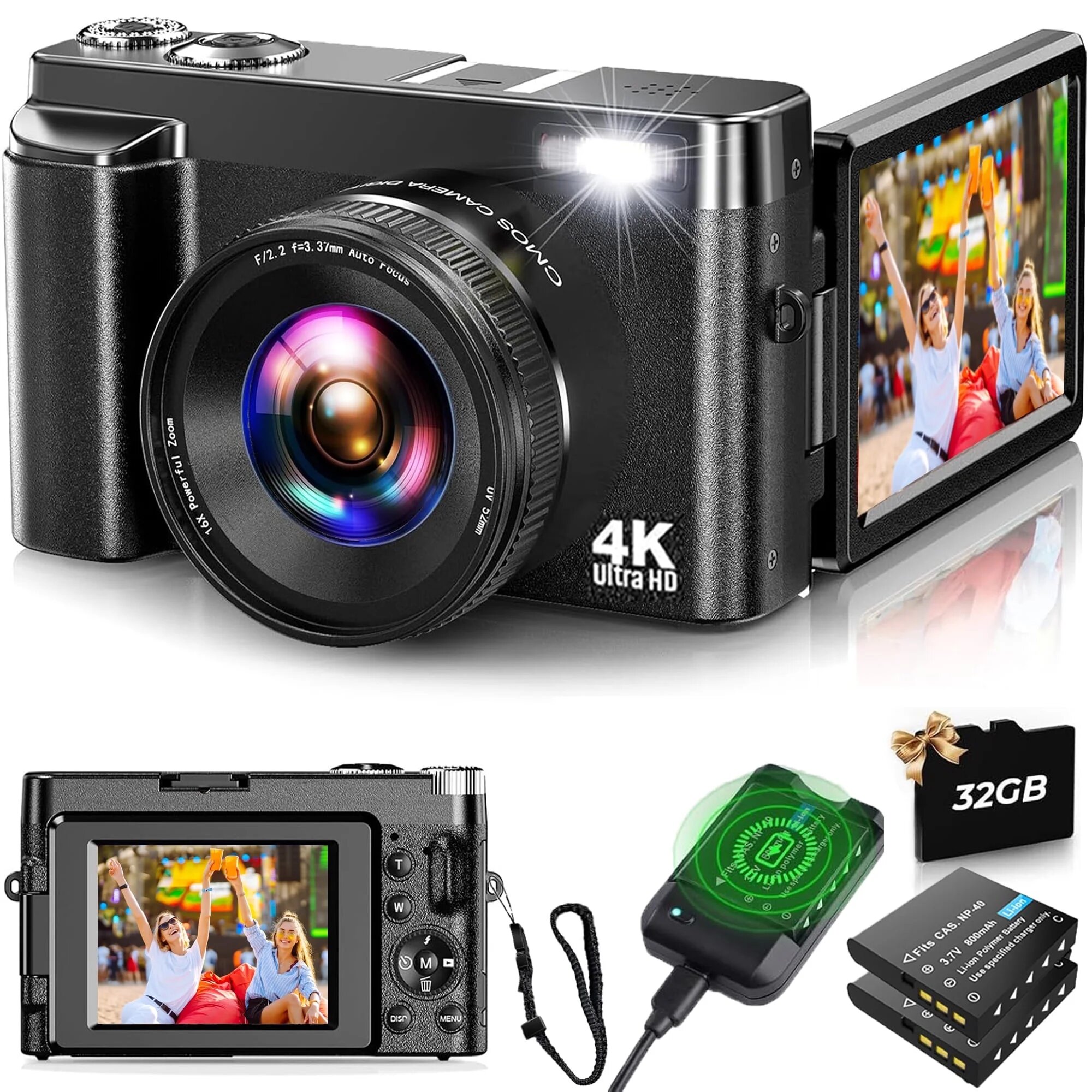 Цифровая камера 4K Vlogging Camera для YouTube с 32G SD-картой 180° 3'Flip Screen 16X Autofocus 48MP Видеокамеры