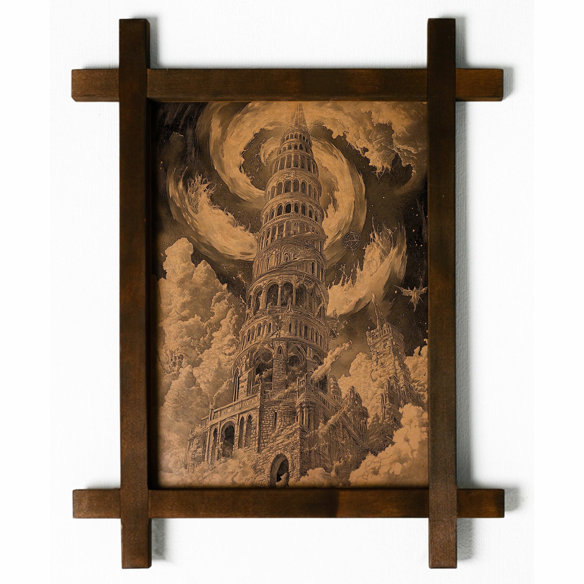 Картина интерьерная, натуральная кожа, "Башня волшебника с магическими огнями", в деревянной раме, BoomGift