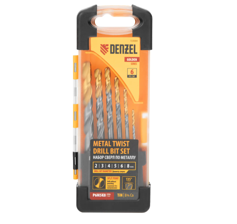 Набор сверл по металлу Denzel 2-8 мм, Р6М5К8-TiN, Golden Tip, 6 шт 723004