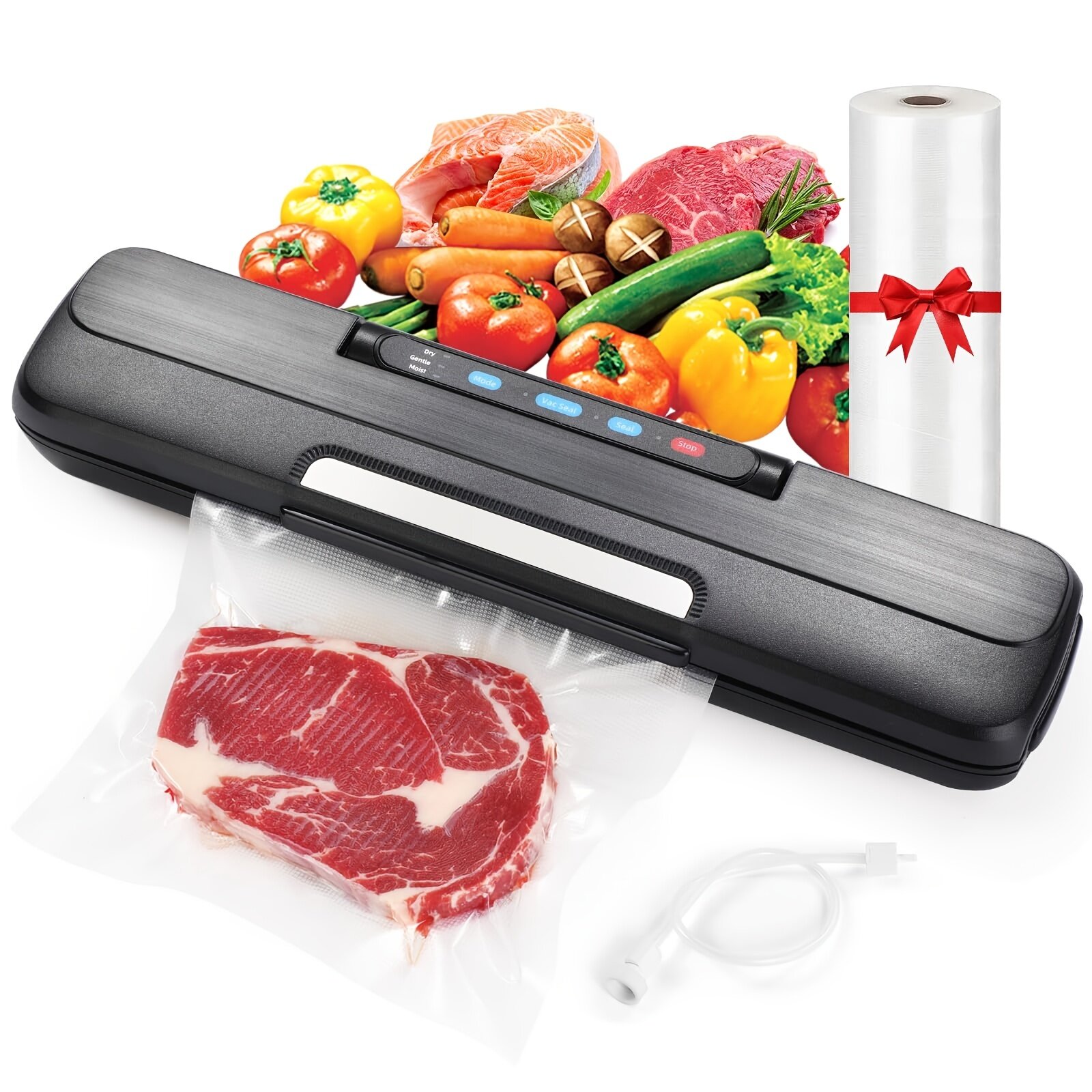 Вакуумный упаковщик для продуктов, автоматический вакуумный упаковщик, режимы для сухих и влажных продуктов, система вакуумирования одним нажатием, с вакуумным шлангом, ножом и 10 пакетами, без