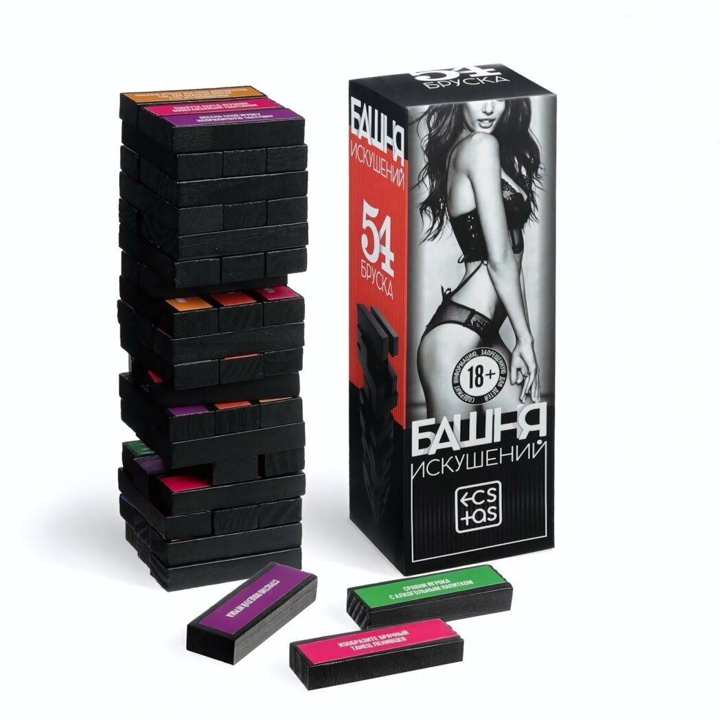 Игра 'Башня искушений' 18+, 54 деревянных бруска с заданиями, размер бруска 7х1.8х2.2см