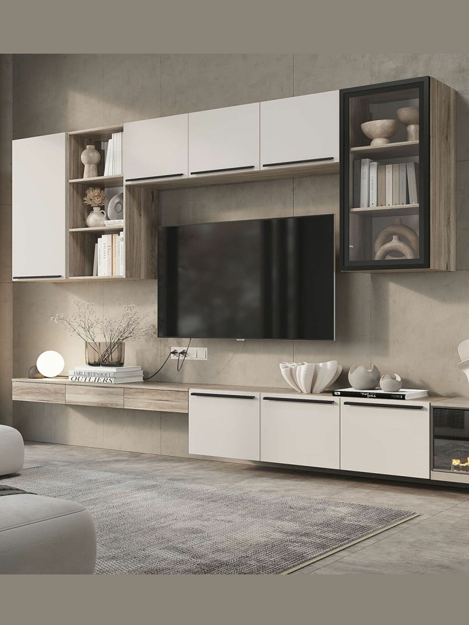 Гостиная комплект Урбан Макси, навесной шкаф, шкаф-витрина, тумба, Дуб смоки / Кашемир