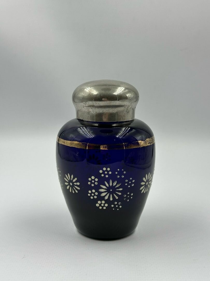 Стеклянная Чайница с Крышкой Кобальт, Позолота Высота 11,5 см Винтаж!