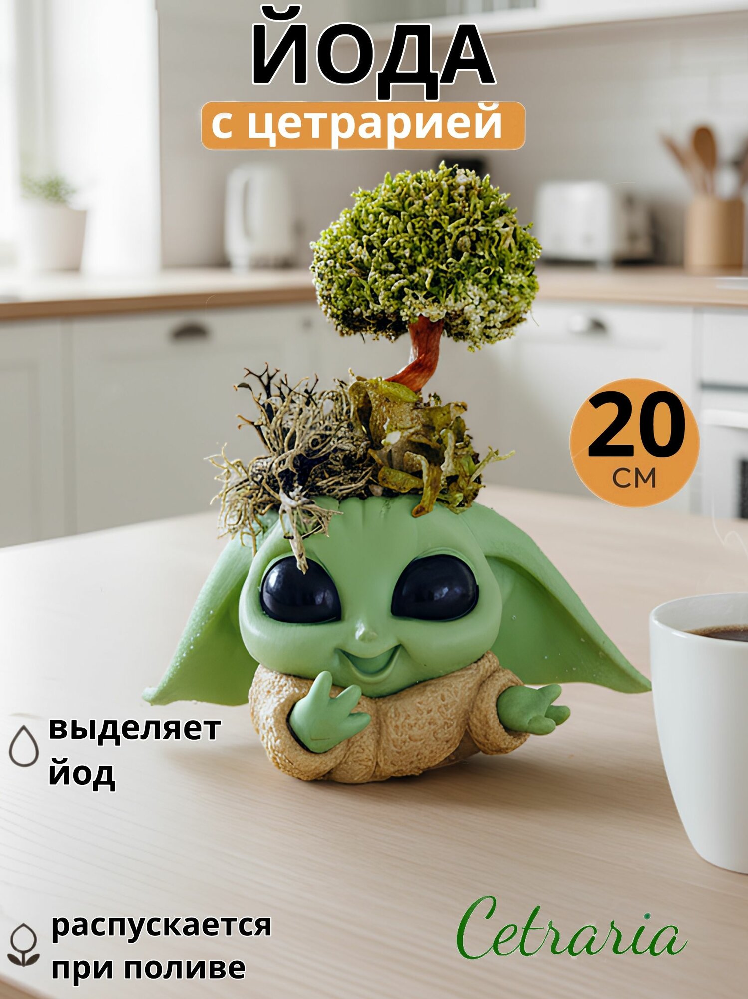 Малыш Йода с деревом из исландского мха цетрария / фигурка декоративная Грогу