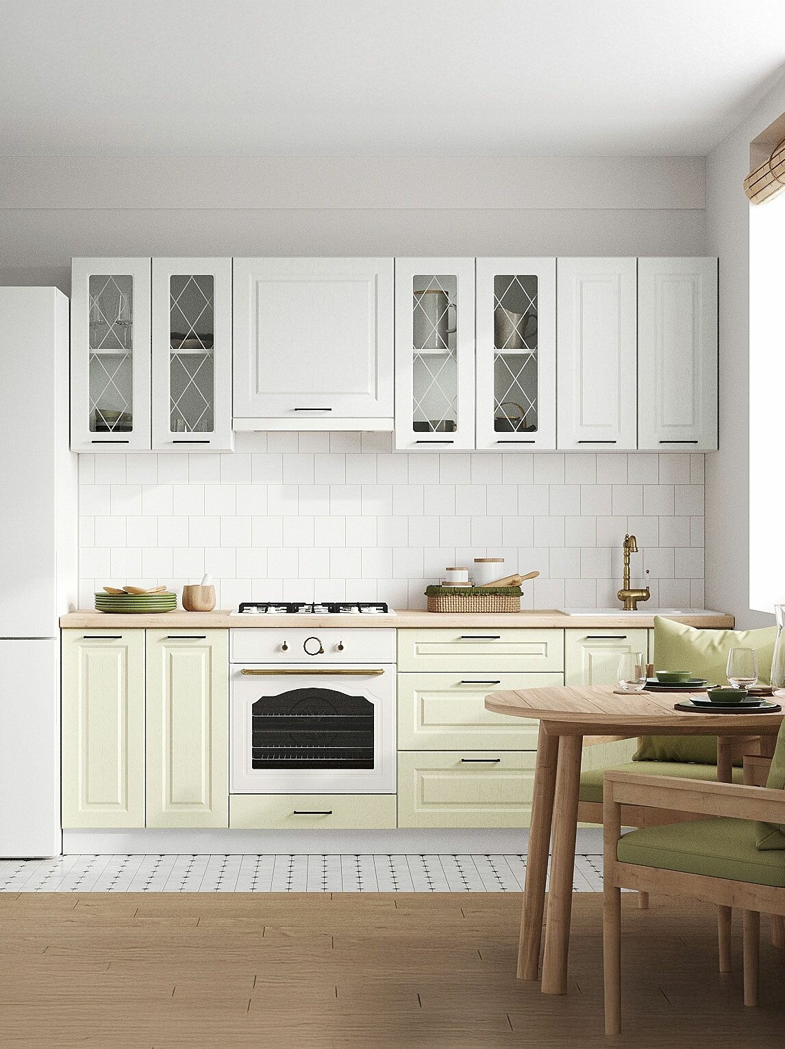 Кухонный гарнитур Шервуд 2.4 м, мебель для дома и кухни, Белый / Арктик со стеклом / Дуб кремовый