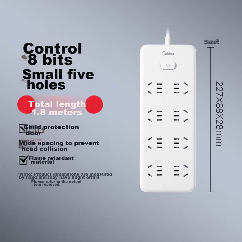 Midea New National Standard Power Strip, Power Bar/Extension Cord/Power Board/Power Strip, Office Power Strip, 8 Outlets with Master Switch, 1.8 Meters, EP2KC85