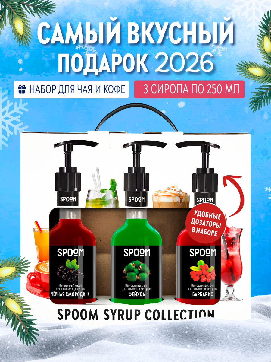 Набор сиропов SPOOM №25 Черная смородина, Фейхоа, Барбарис в фирменной упаковке (3 шт по 250 мл) + 3 дозатора в подарок